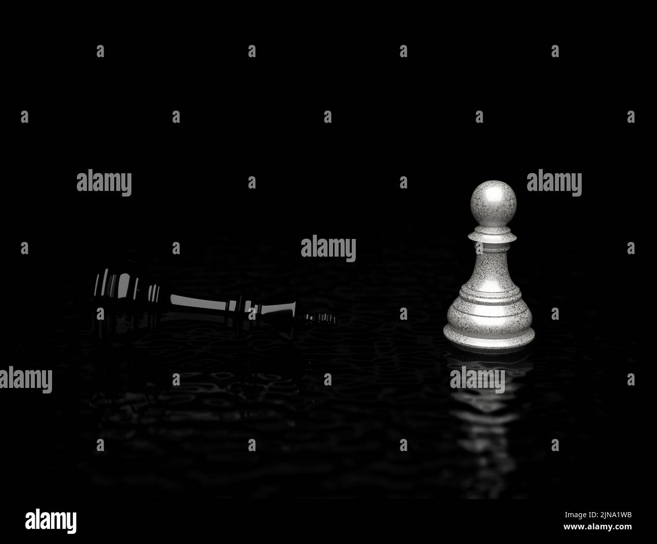 A white chess pawn standing in front of the black chess king lying down ...