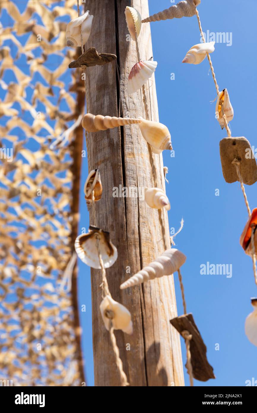 Shells hanging on the wooden post at the beach. Summer concept. Travel ...