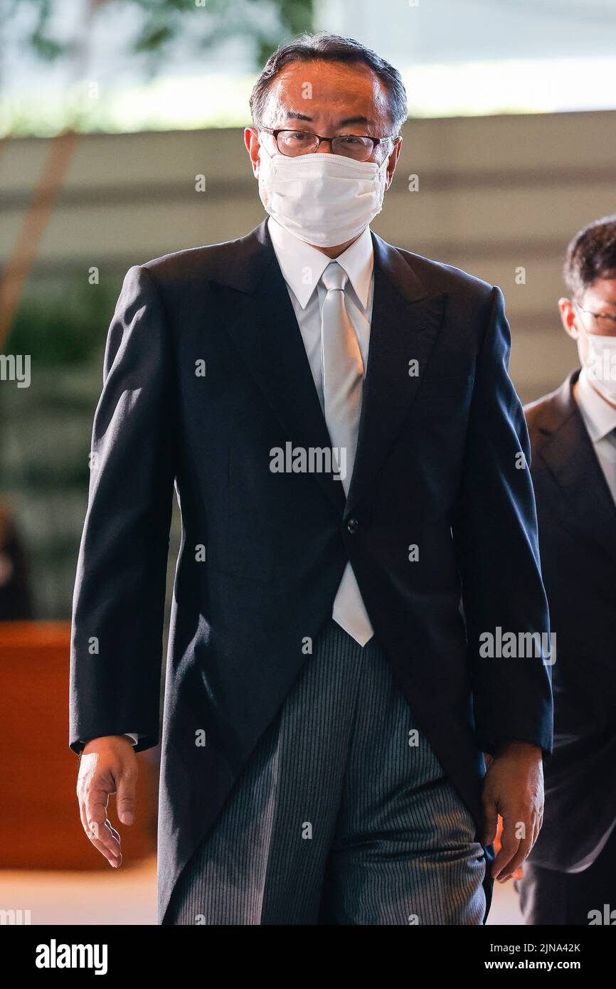 Tokyo, Japan. 10th Aug, 2022. Naoki Okada Minister of State for Regional Revitalization arrives ...