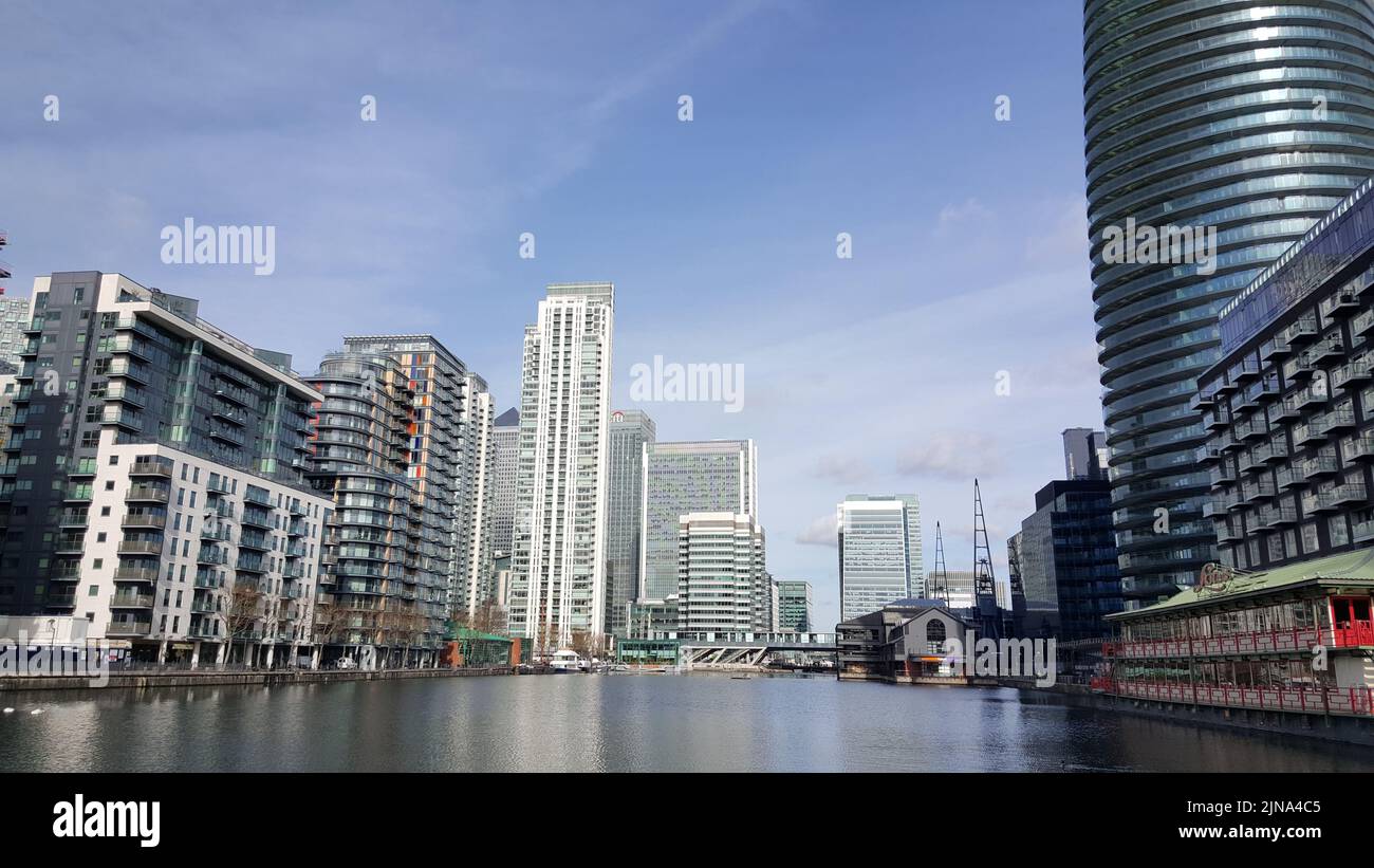 A scenic view of buildings in Canary Wharf, South Quay, Pan Peninsula ...