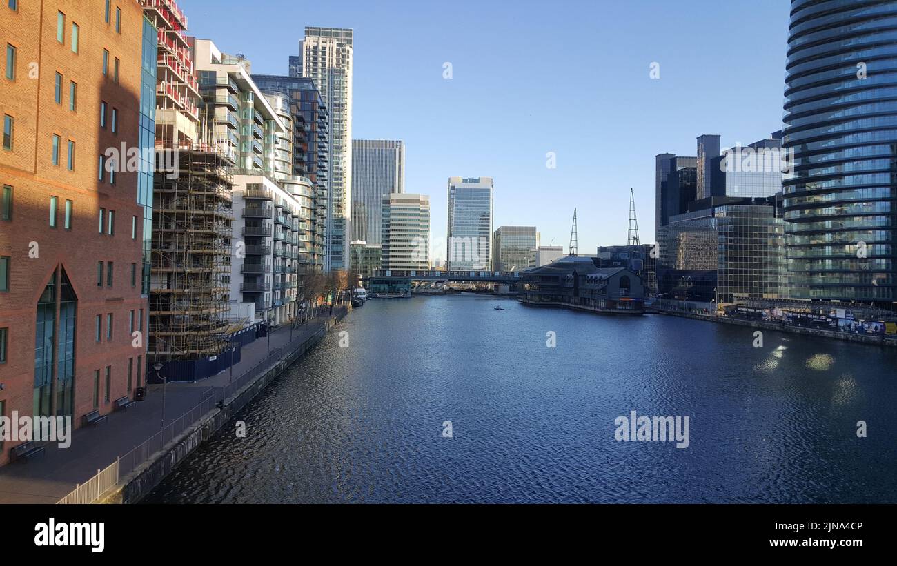 A scenic view of buildings in Canary Wharf, South Quay, Pan Peninsula ...