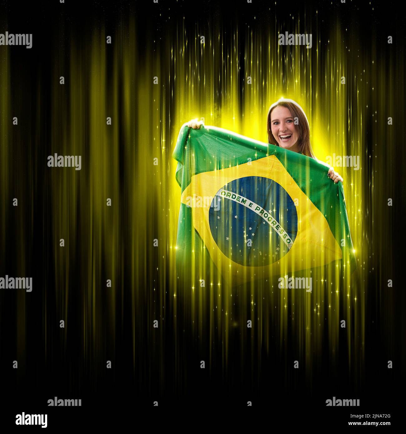 Brazilian woman fan, celebrating on a yellow and black backgroun ...