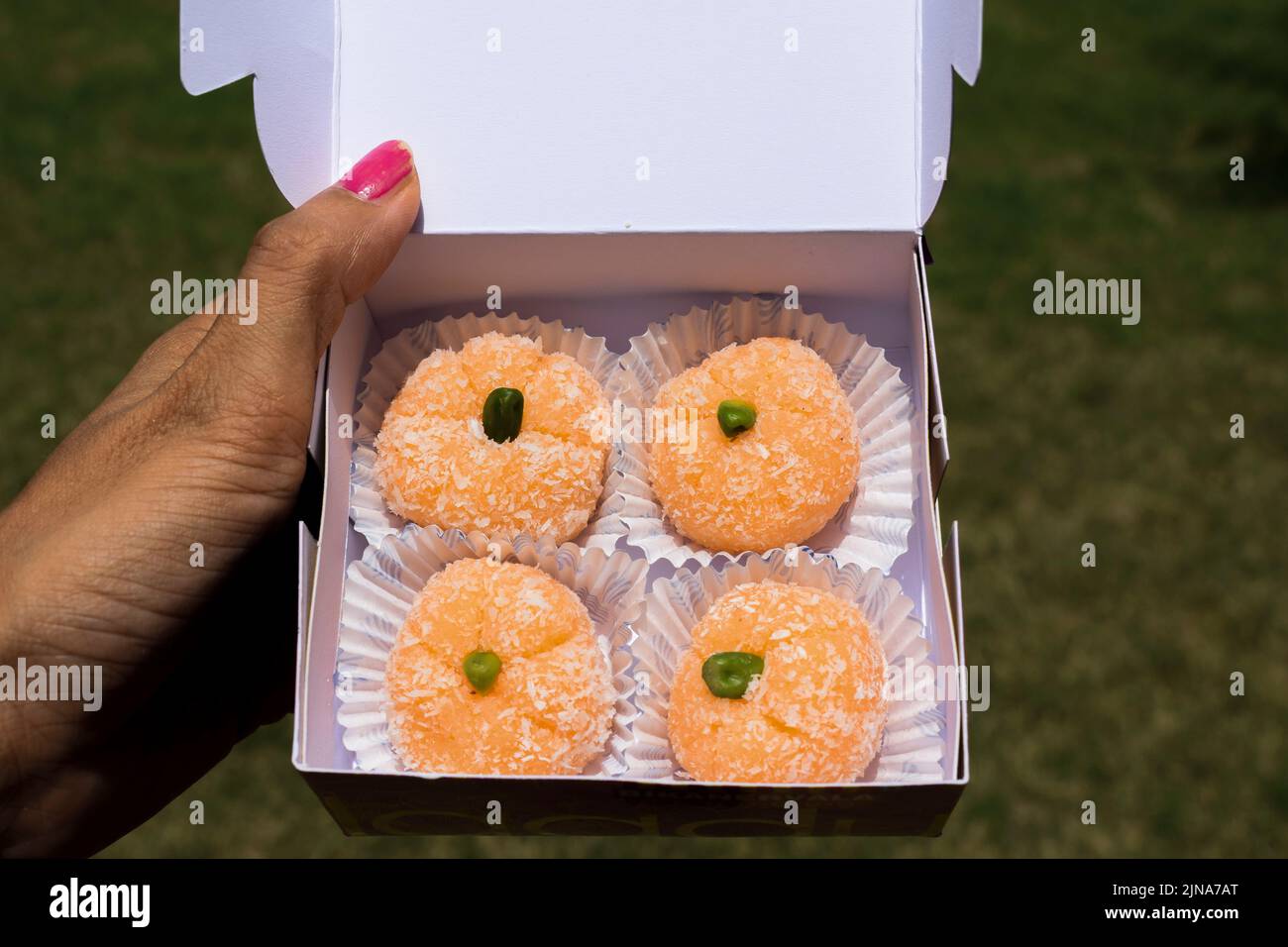 Female holding serving box of Indian traditional sweets served during ...