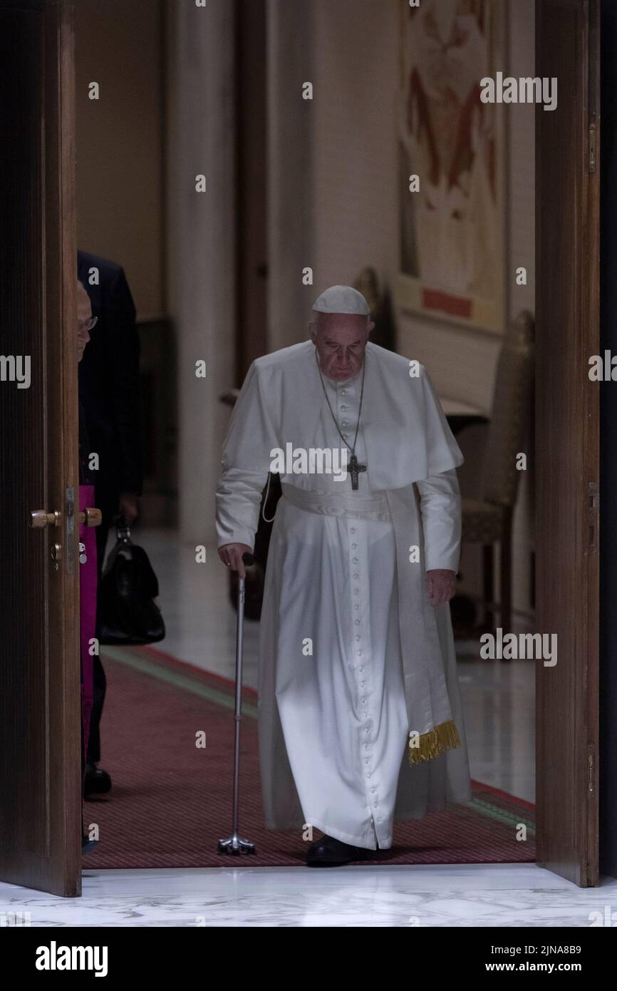 Vatican City, Vatican, 10 August 2022. Pope Francis arrives walking ...