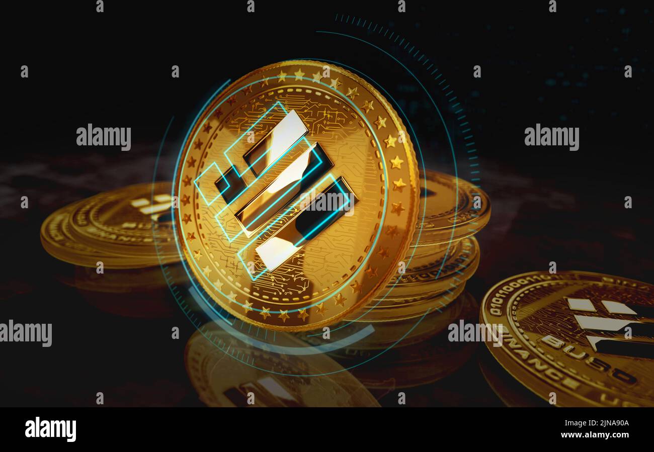 Binance BUSD stablecoin cryptocurrency gold coin on green screen ...