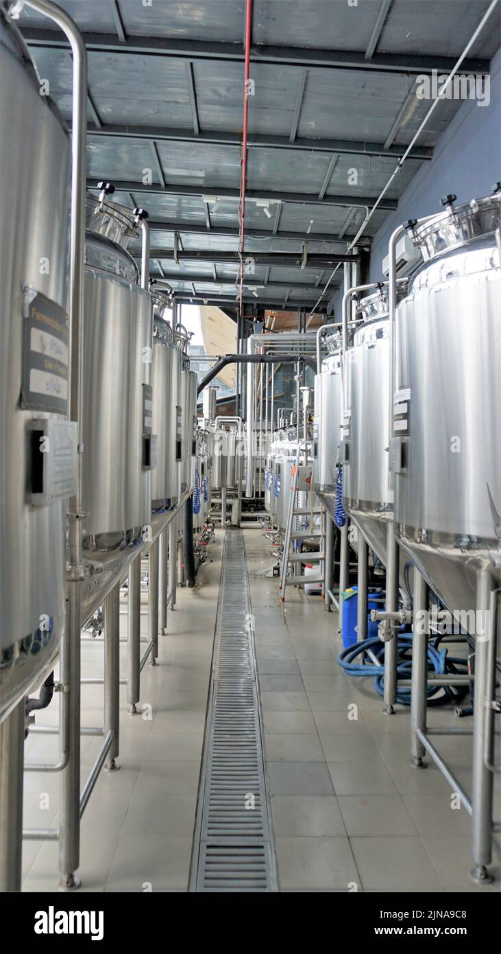 Row of shiny metal micro brewery tanks or Fermentation mash vats in ...