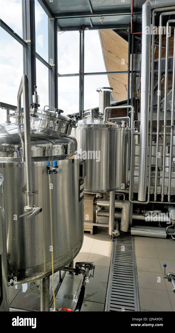 Row of shiny metal micro brewery tanks or Fermentation mash vats in ...