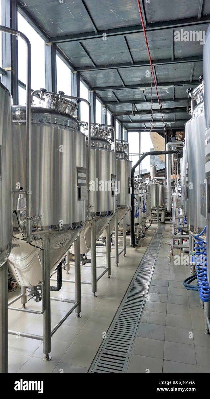 Row of shiny metal micro brewery tanks or Fermentation mash vats in ...