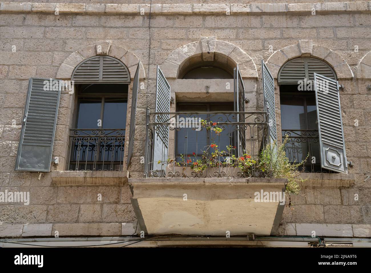 Jerusalem, Israel - April 30th, 2022: A typical balcony, with arched ...