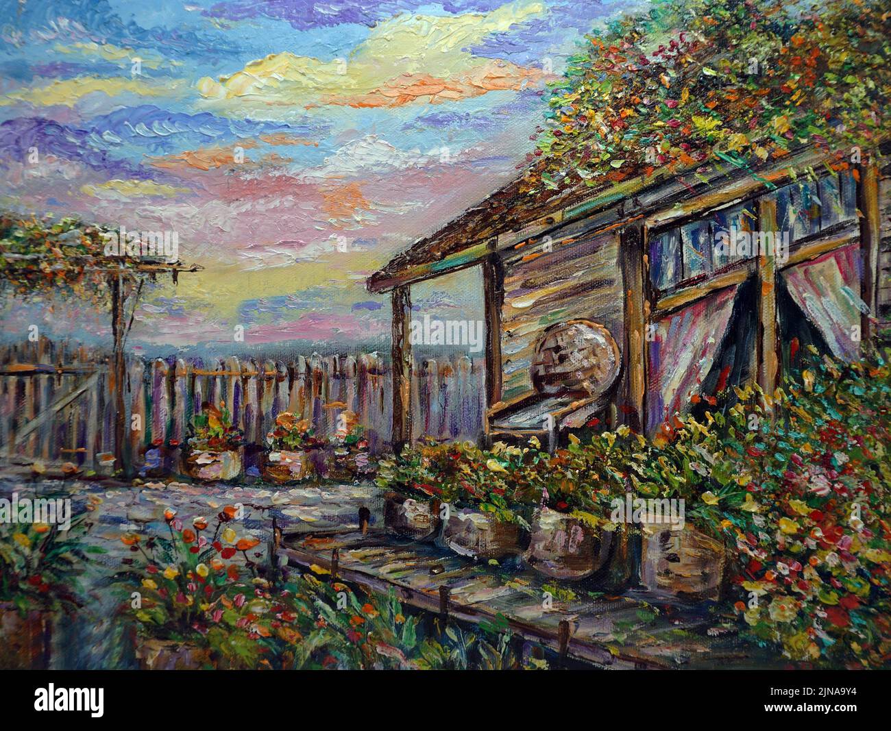 oil painting Pathway with trees and flowers in garden Stock Photo - Alamy