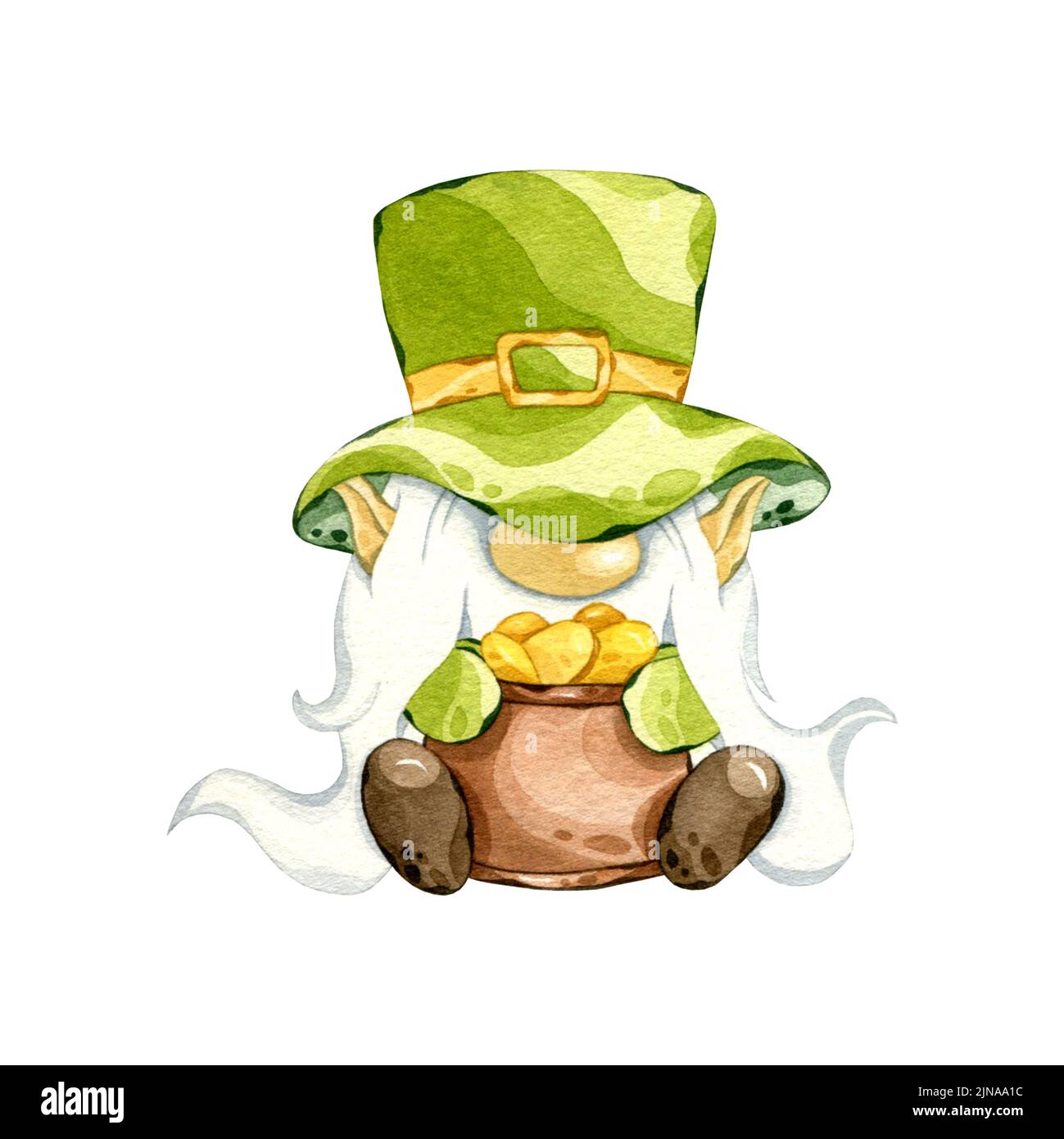 St Patrick's day leprechaun. Watercolor gnome with pot of gold. Hand ...