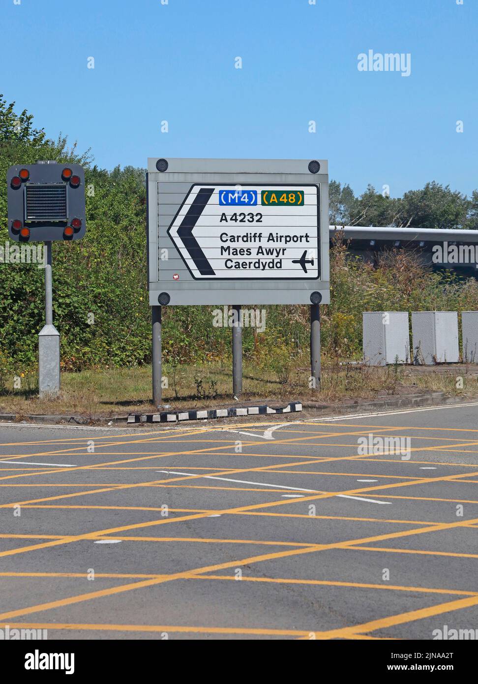 Road sign from Cardiff to Cardiff airport by the A48 and M4. Leckwith ...