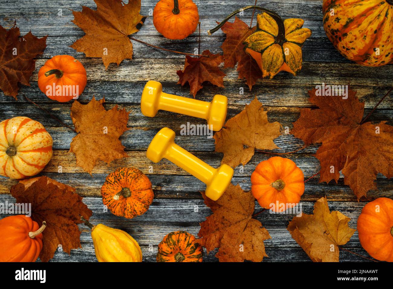 Dumbbells with pumpkins, squashes and autumn leaves. Healthy fitness ...