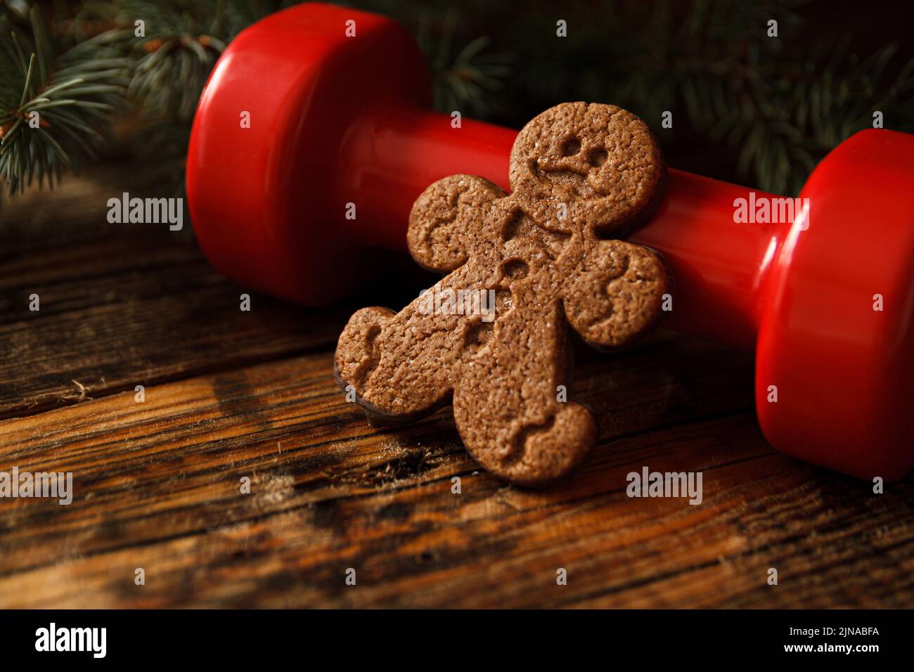 Delicious gingerbread man cookie, heavy red dumbbell and Christmas tree ...