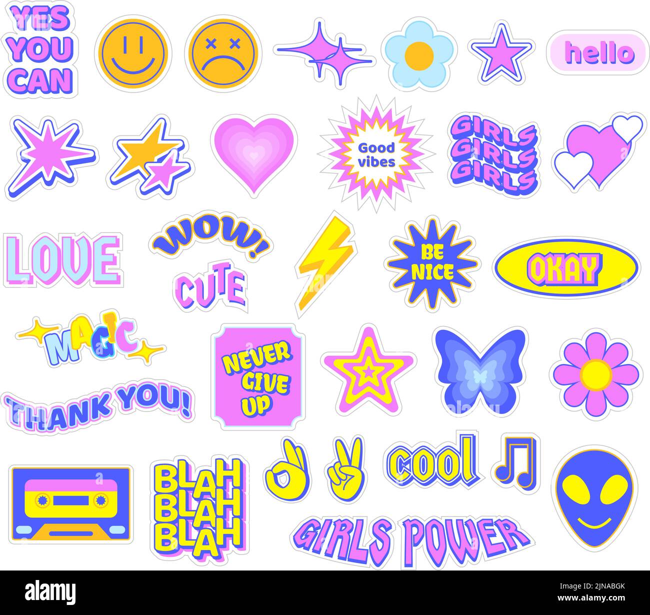 Trendy Y2K stickers. Cute girly patches, butterfly and glamour heart ...