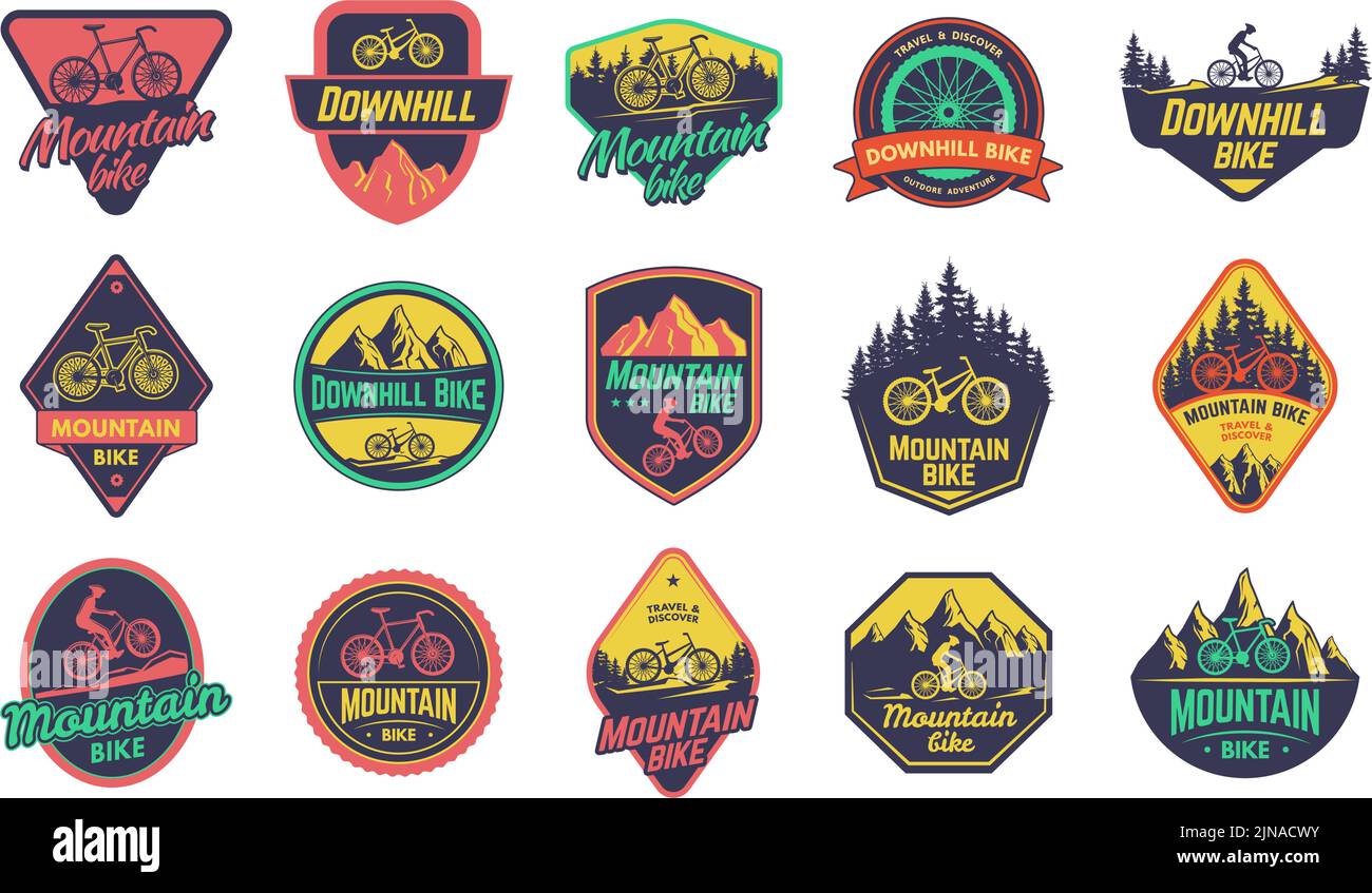 Mountain bikes badge. Downhill sticker, outdoor freestyle bicycle and ...