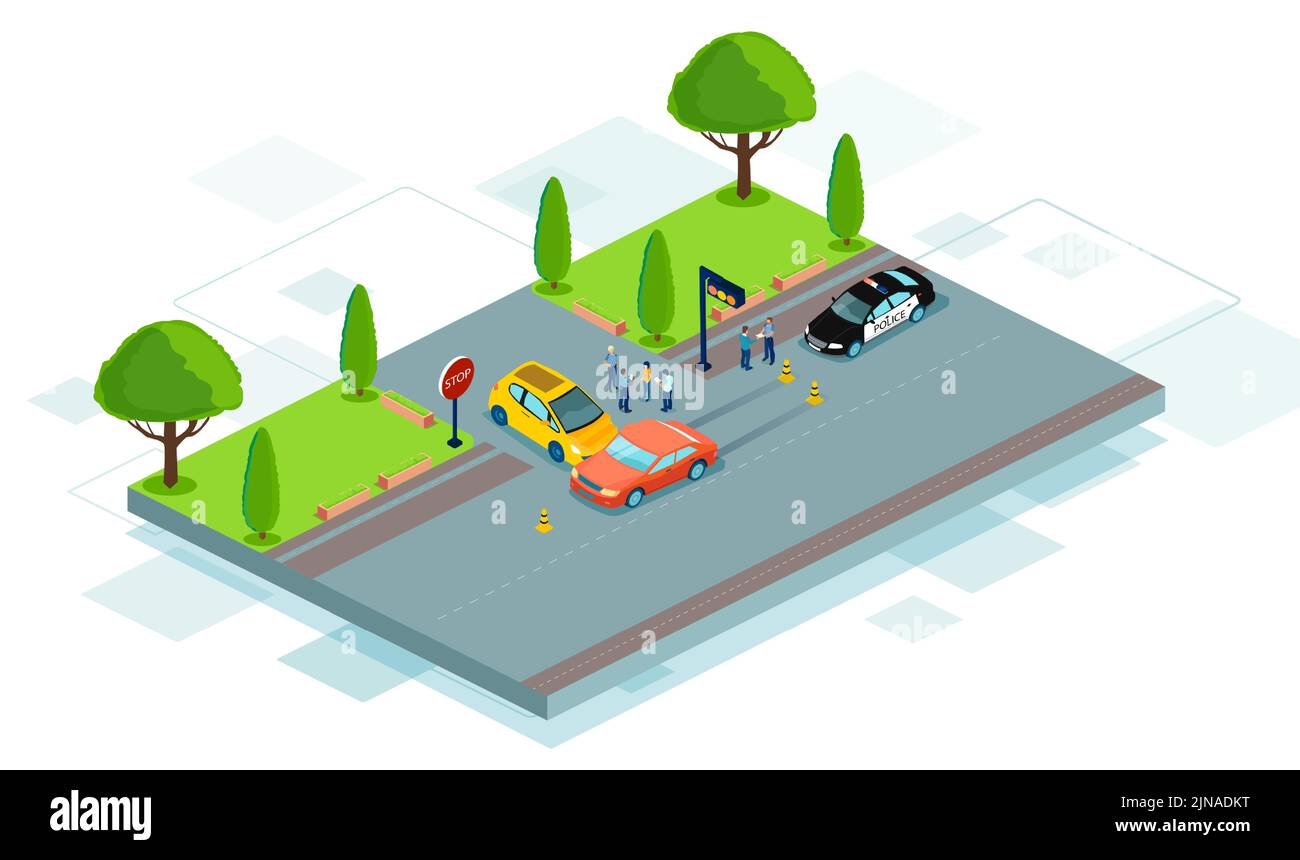 Vector of a road collision at street intersection with two cars ...