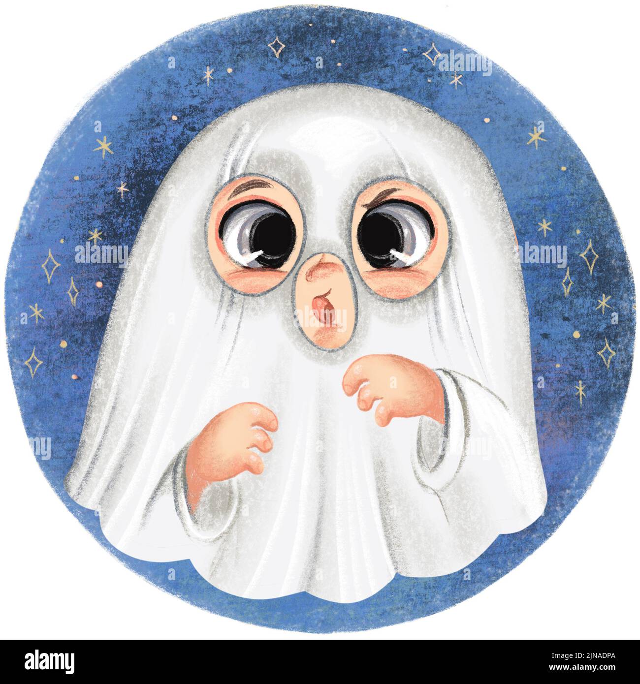 Portrait of a happy cute little kid boy in a ghost costume looking into ...