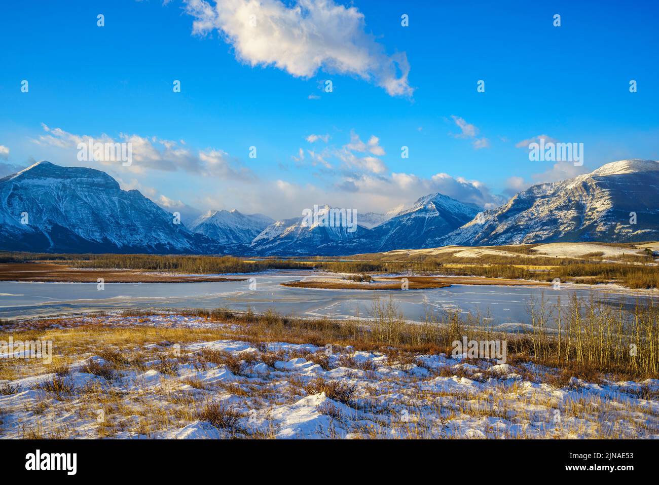 Winter scene overlooking Maskinonge Lake at the entrance to Waterton ...