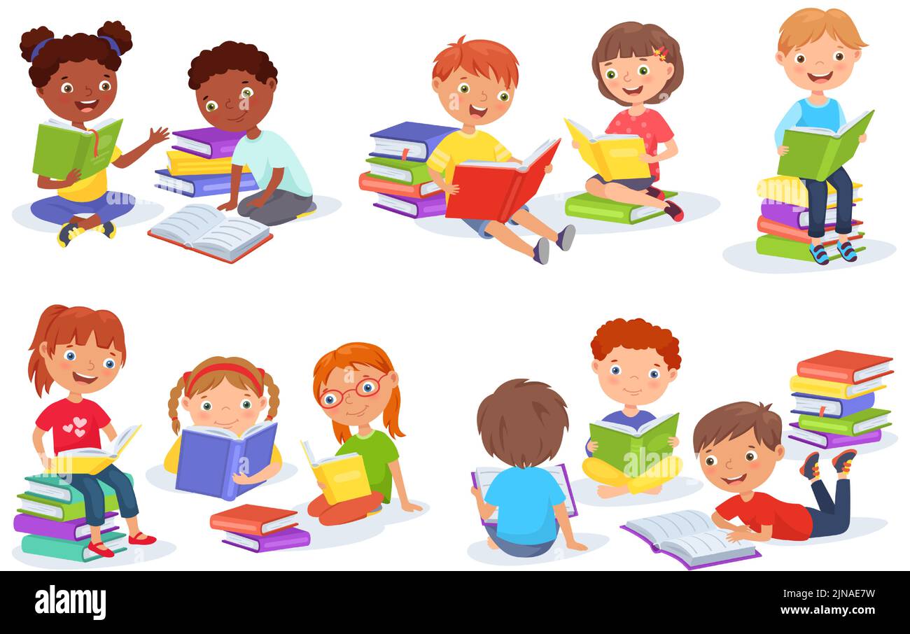 Reading kid. Cartoon children read book, literature for kids, boys and ...