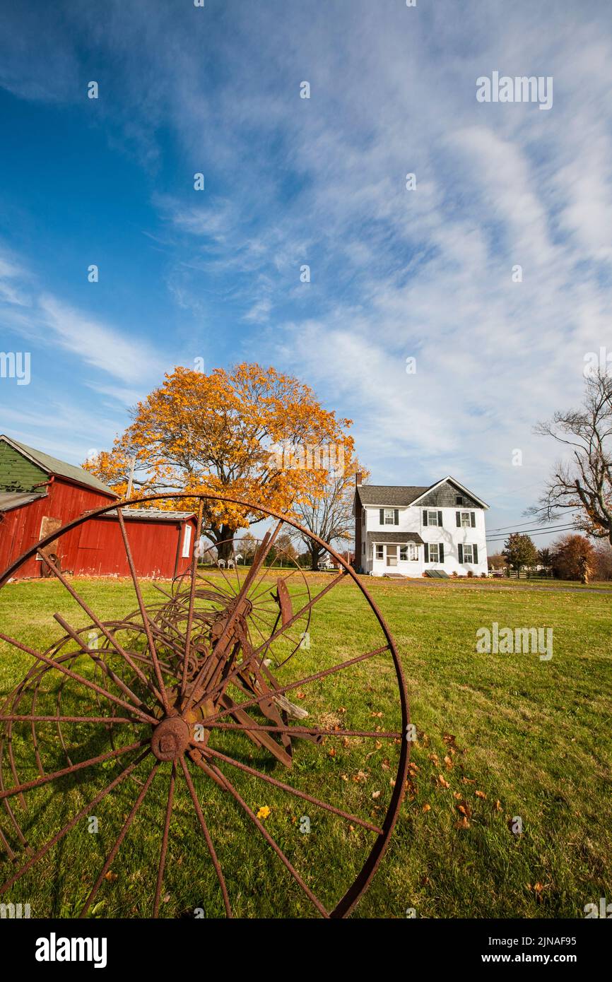 Autumn scene, rusted vintage hay rake wheel & white farmhouse in rural ...