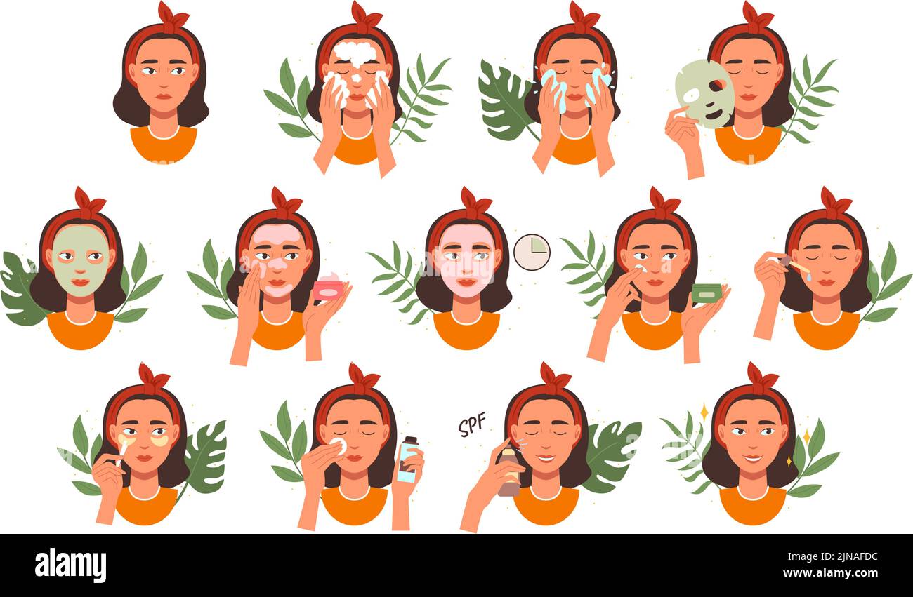 Face skin care. Beauty masks and patches skincare instruction. Washing ...