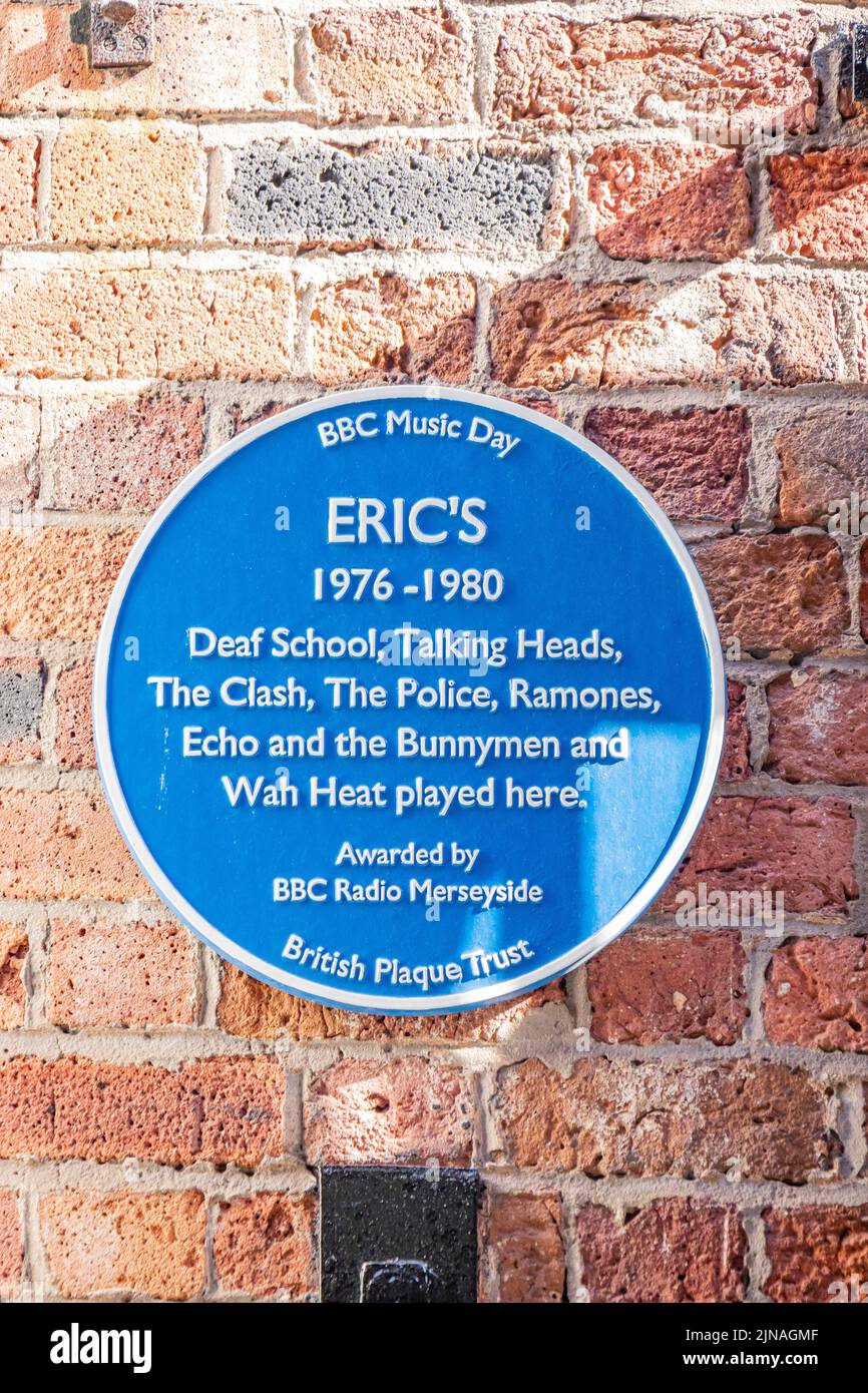 blue British Plaque Trust sign on a brick wall marking Eric's music ...