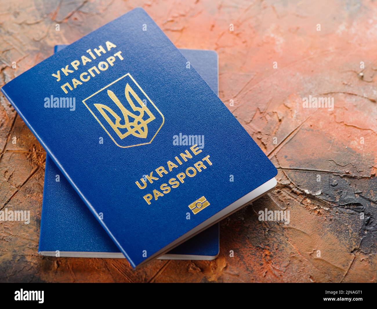 On a pink marble background are two Ukrainian biometric passports ...