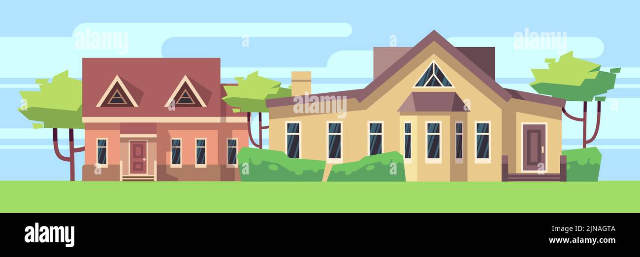 Green landscape with villas. Townhouses front. Real estate property ...