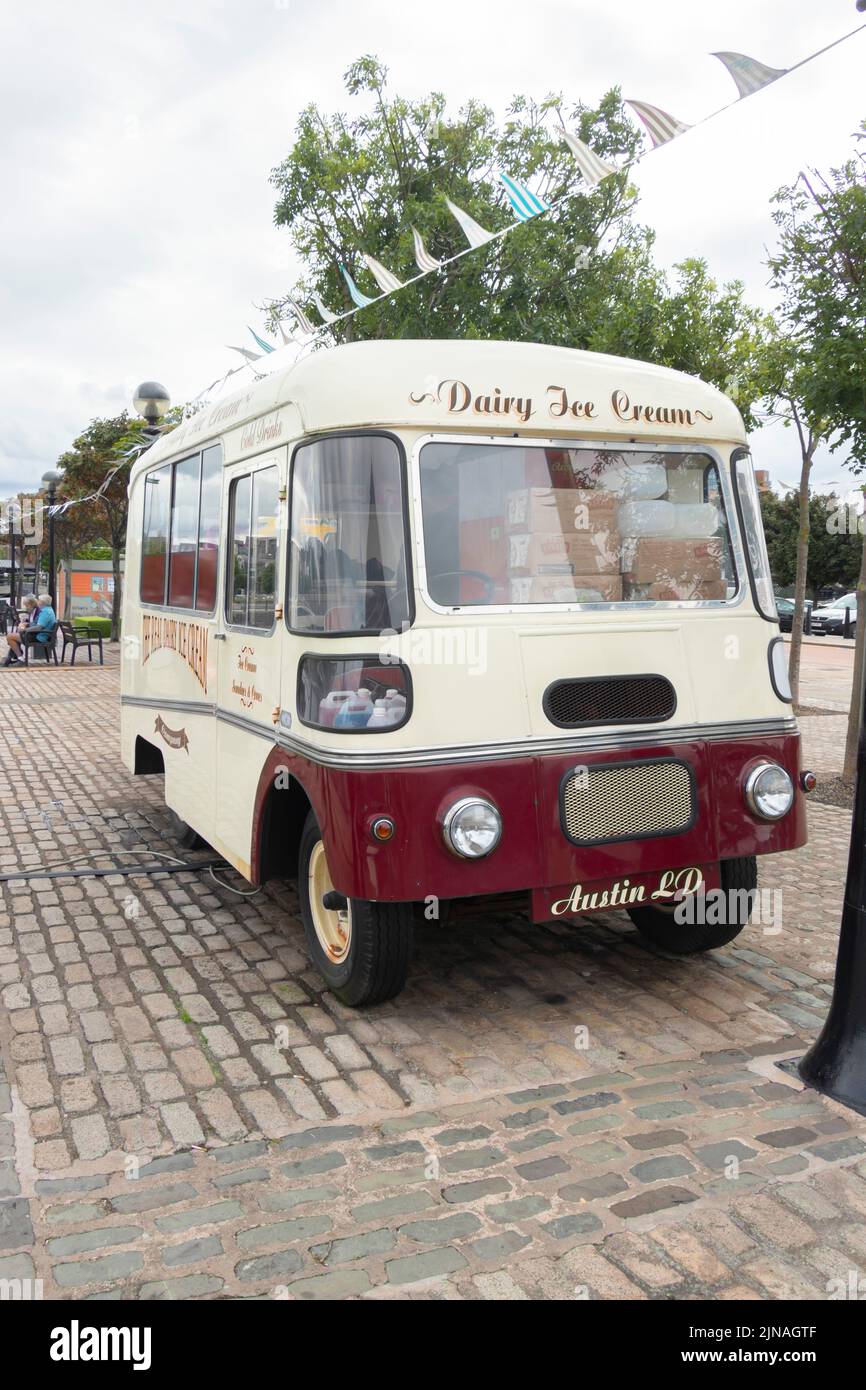 vintage austin LD FG ice cream van on dockside in Liverpool Merseyside ...