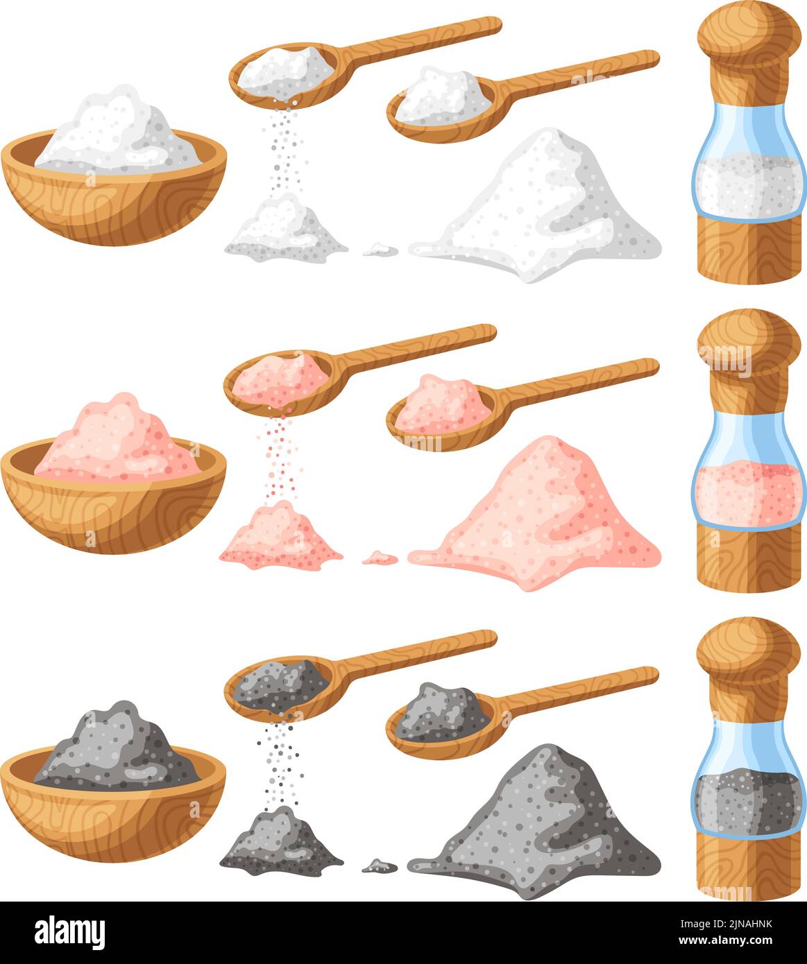 Pink, black and white salt. Wooden shaker, spoon and bowl with ...