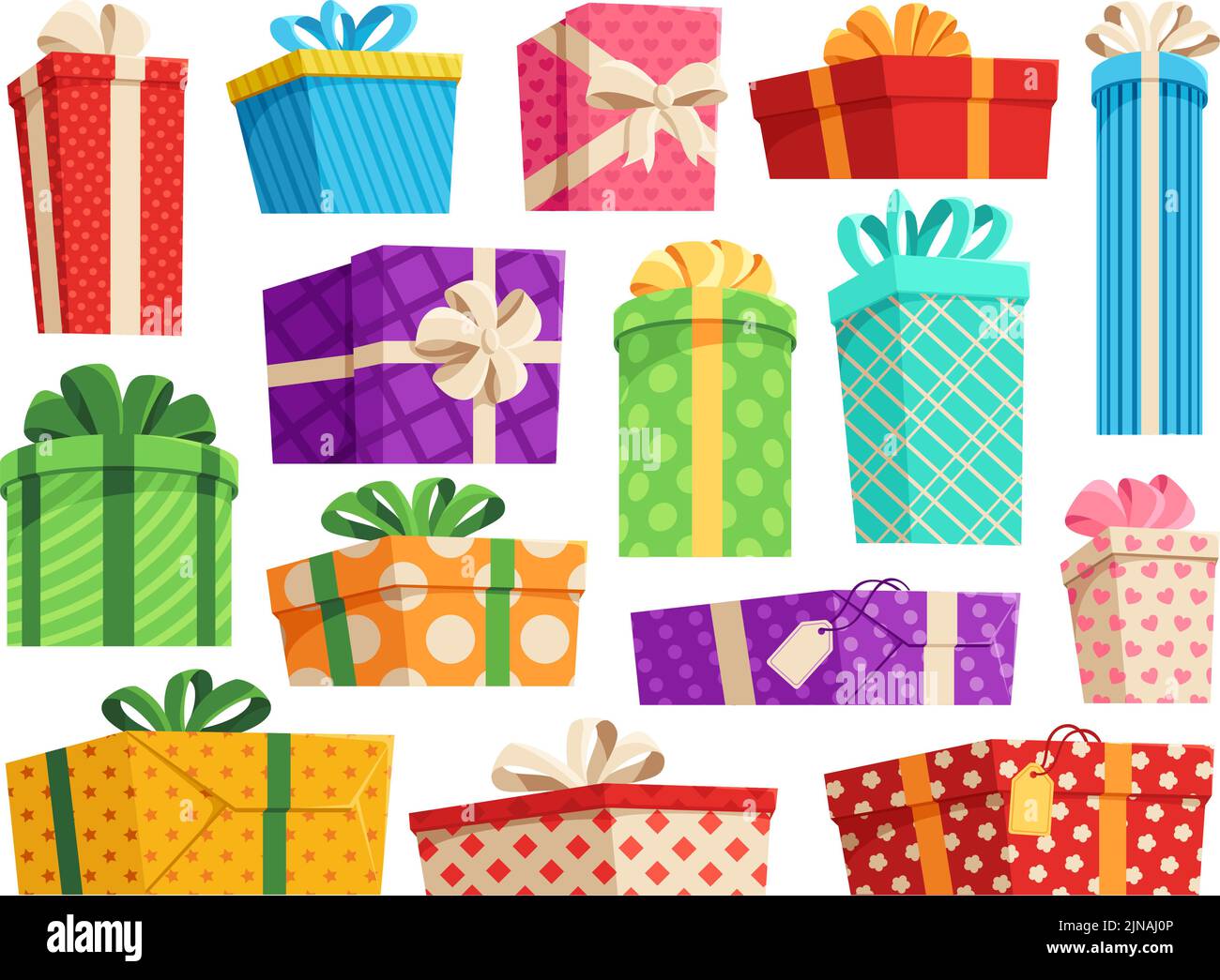 Cartoon gift boxes. Wrapped present with ribbon bow, birthday gift ...