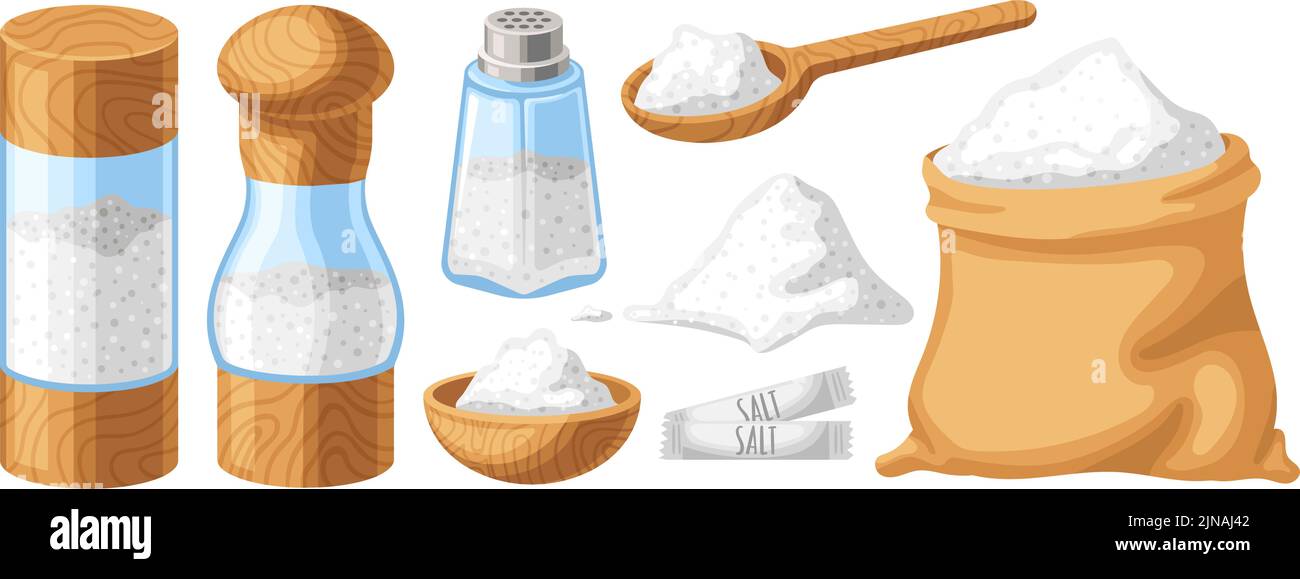 Cartoon salt. Wooden shaker, spoon and bowl. Bag of sugar or baking ...