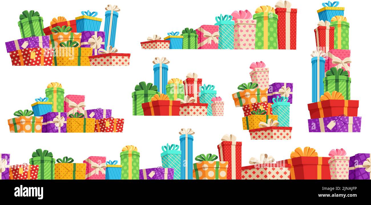 Gift box pile. Many gifts, lot of wrapped surprise boxes with ribbon ...