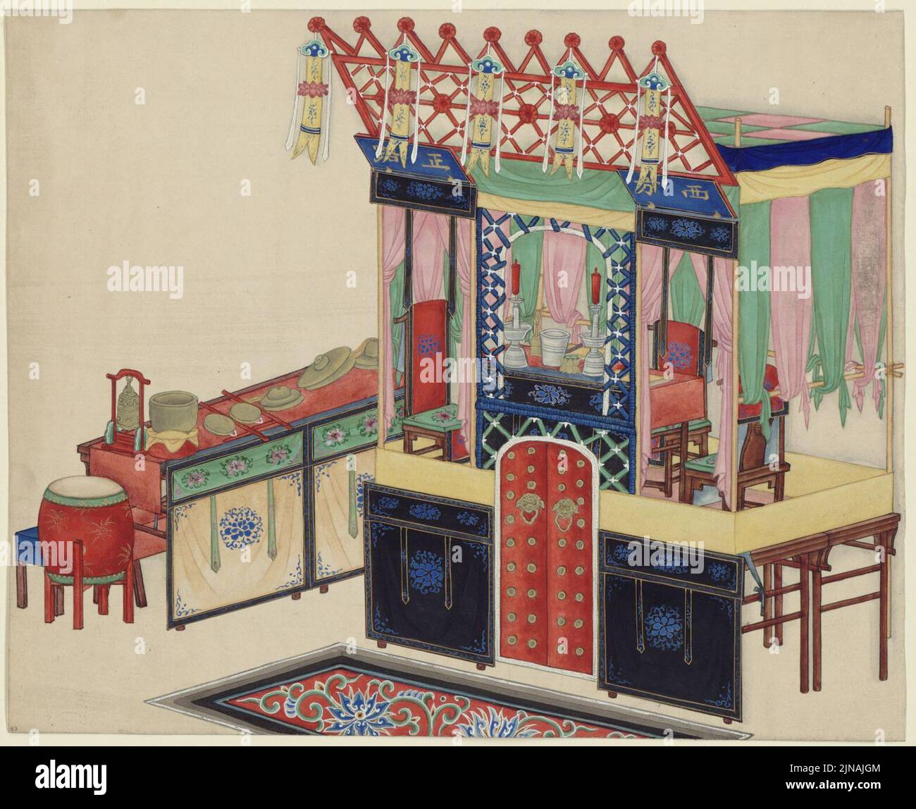 Taoist service altar with musical instruments for monks to use Stock ...