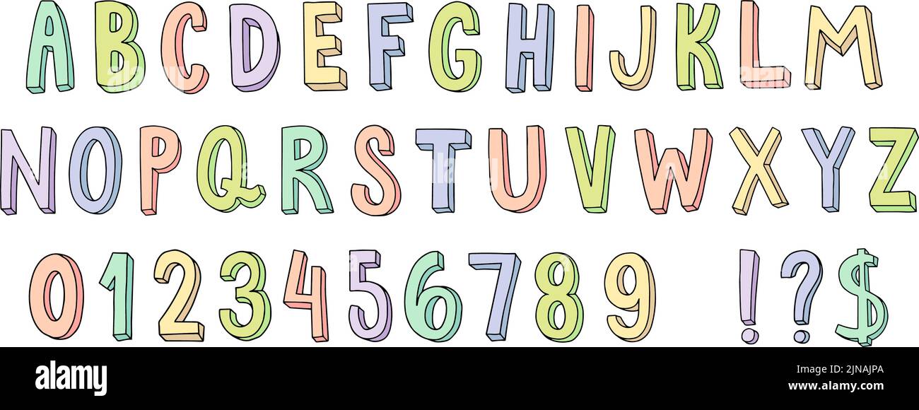 Hand drawn font. Cute doodle font with colorful letters and cartoon ...