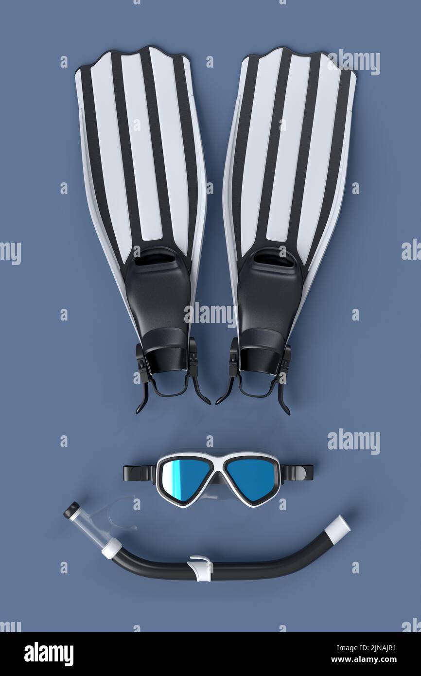 Colorful scuba mask, flippers and snorkeling tube on black and white ...