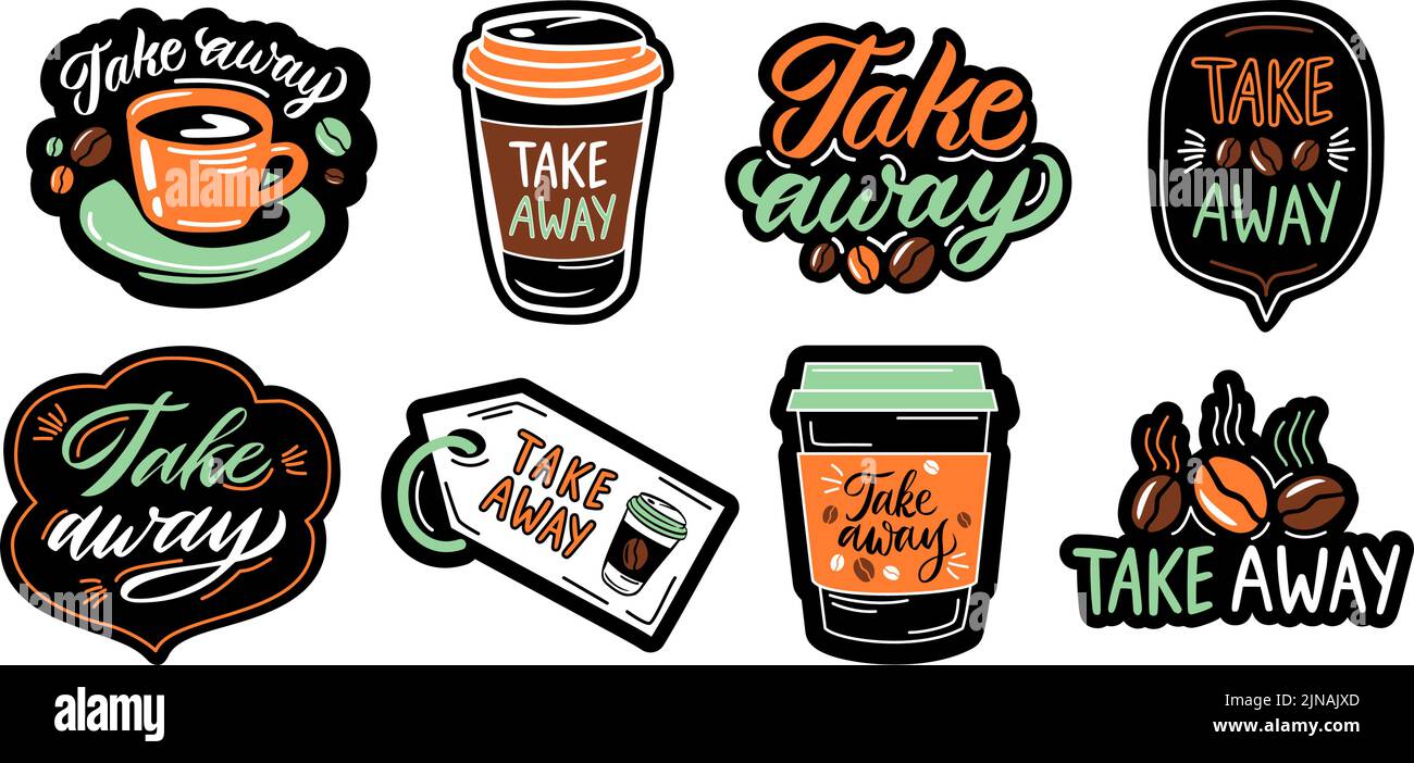 Take away coffee labels. Takeaway cup to go tag, hand drawn lettering ...