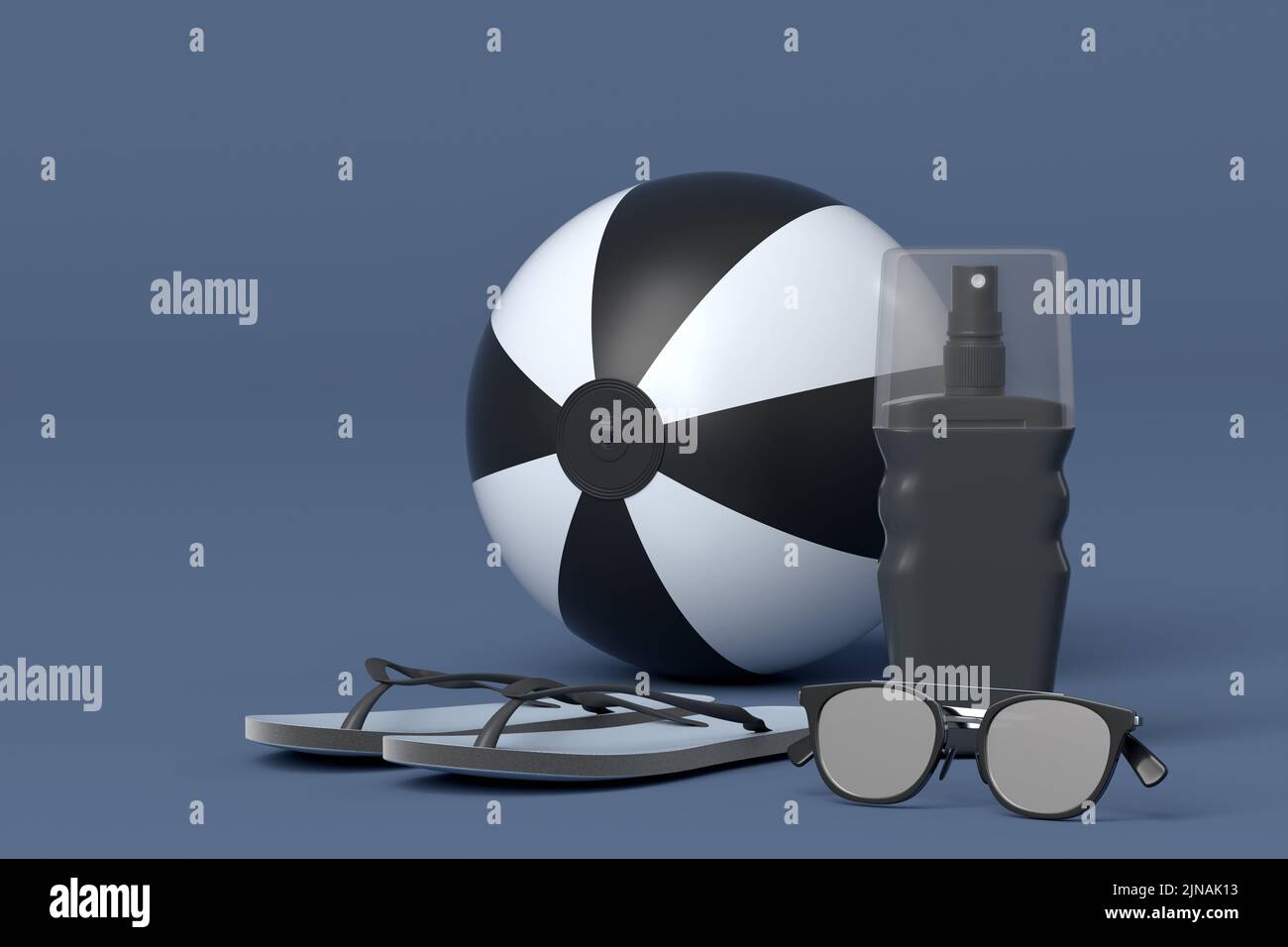 Set of beach accessories like flip flops, sunglasses, sunscreen and ...