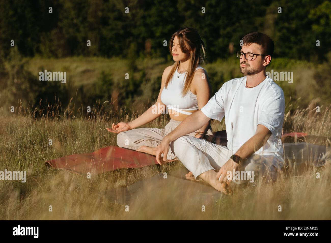 Caucasian Woman and Man Dressed Alike Breathing Fresh Air in the Nature ...