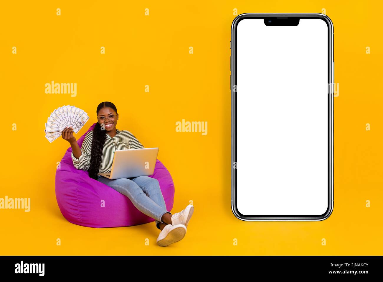 Full body photo of rich young lady hold money laptop near advert wear ...