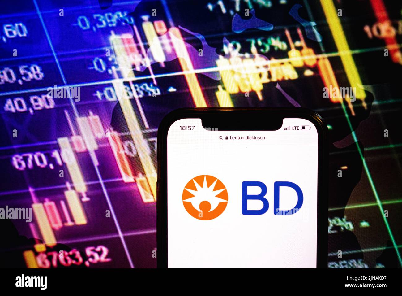 KONSKIE, POLAND - August 09, 2022: Smartphone displaying logo of Becton ...