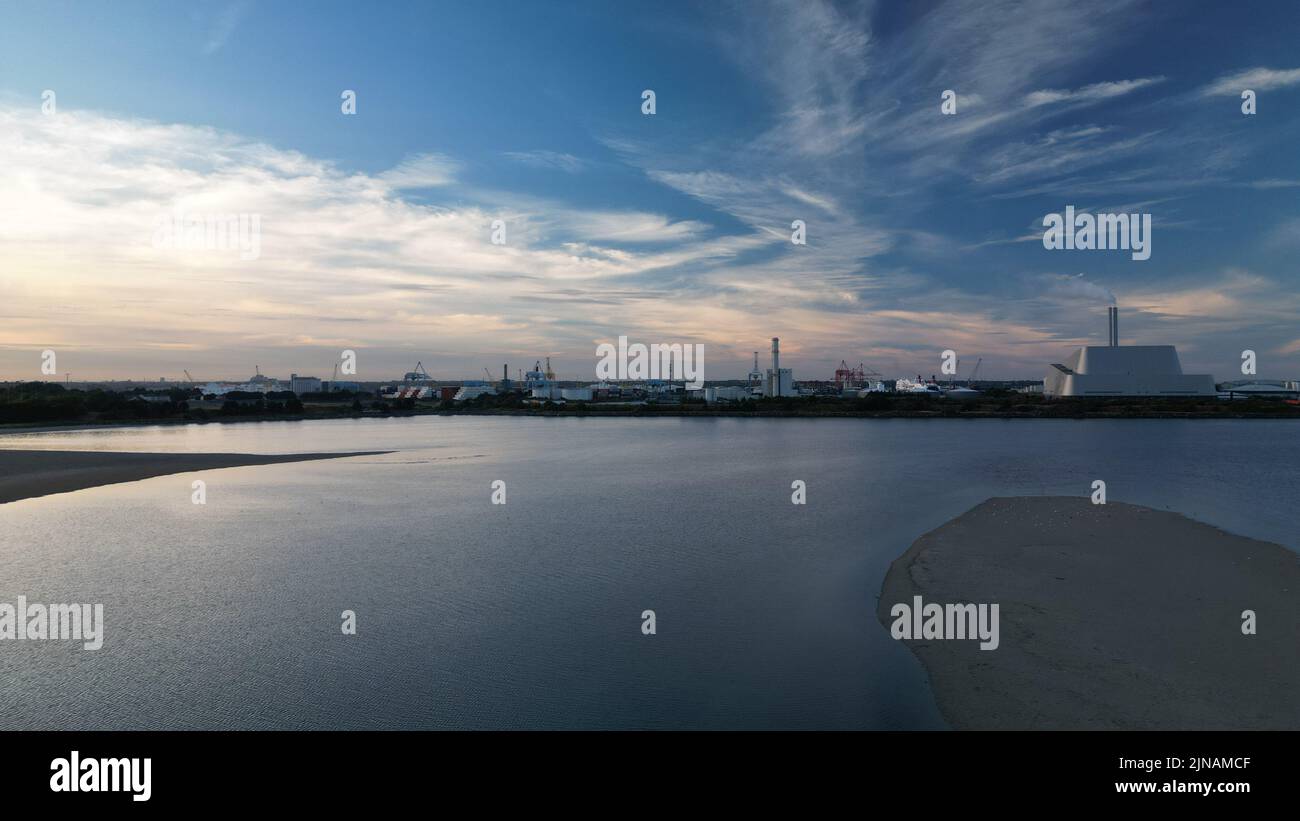A scenic view of the Dublin Bay with the Poolbeg incinerator in the ...