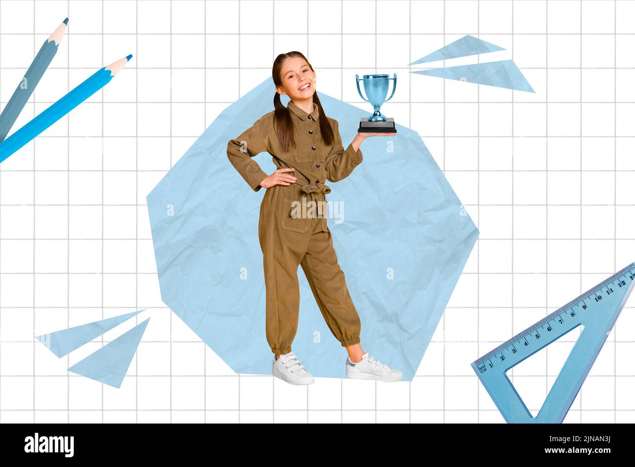 Creative collage image of small girl hold winner cup big pencil ...