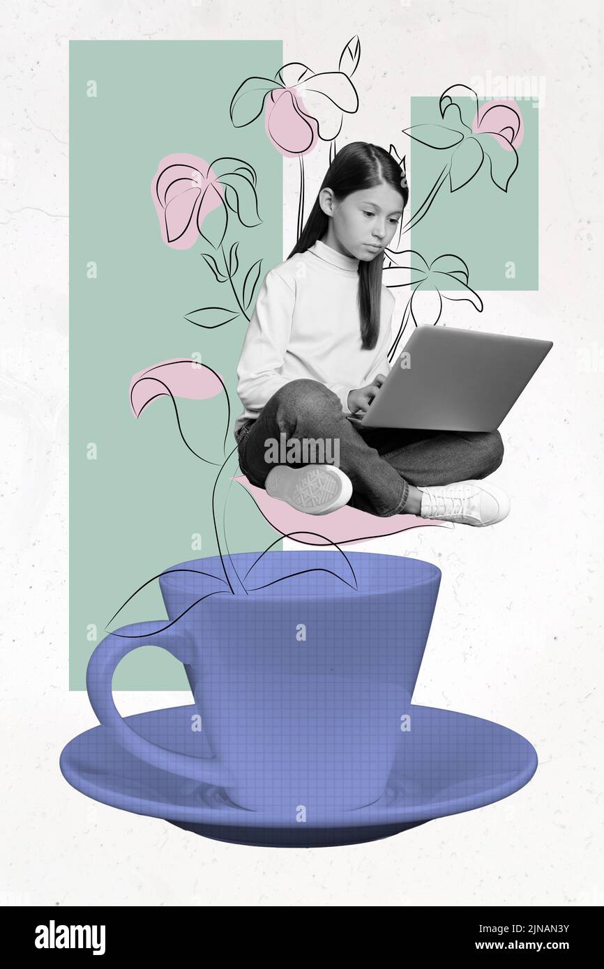 Vertical banner collage of small girl write laptop wear casual cloth ...