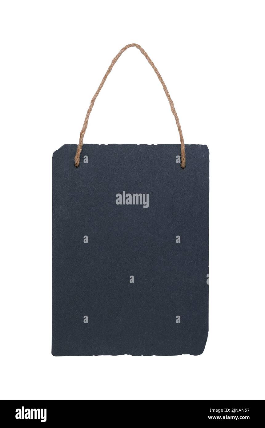 Blank slate plaque hanging on string, isolated on white background with ...