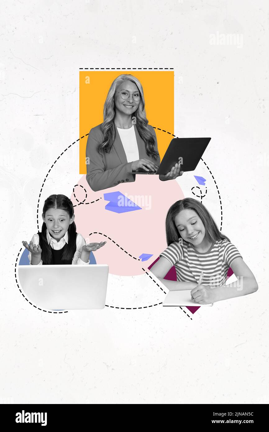 Vertical poster collage of school girls teacher study wear glasses ...