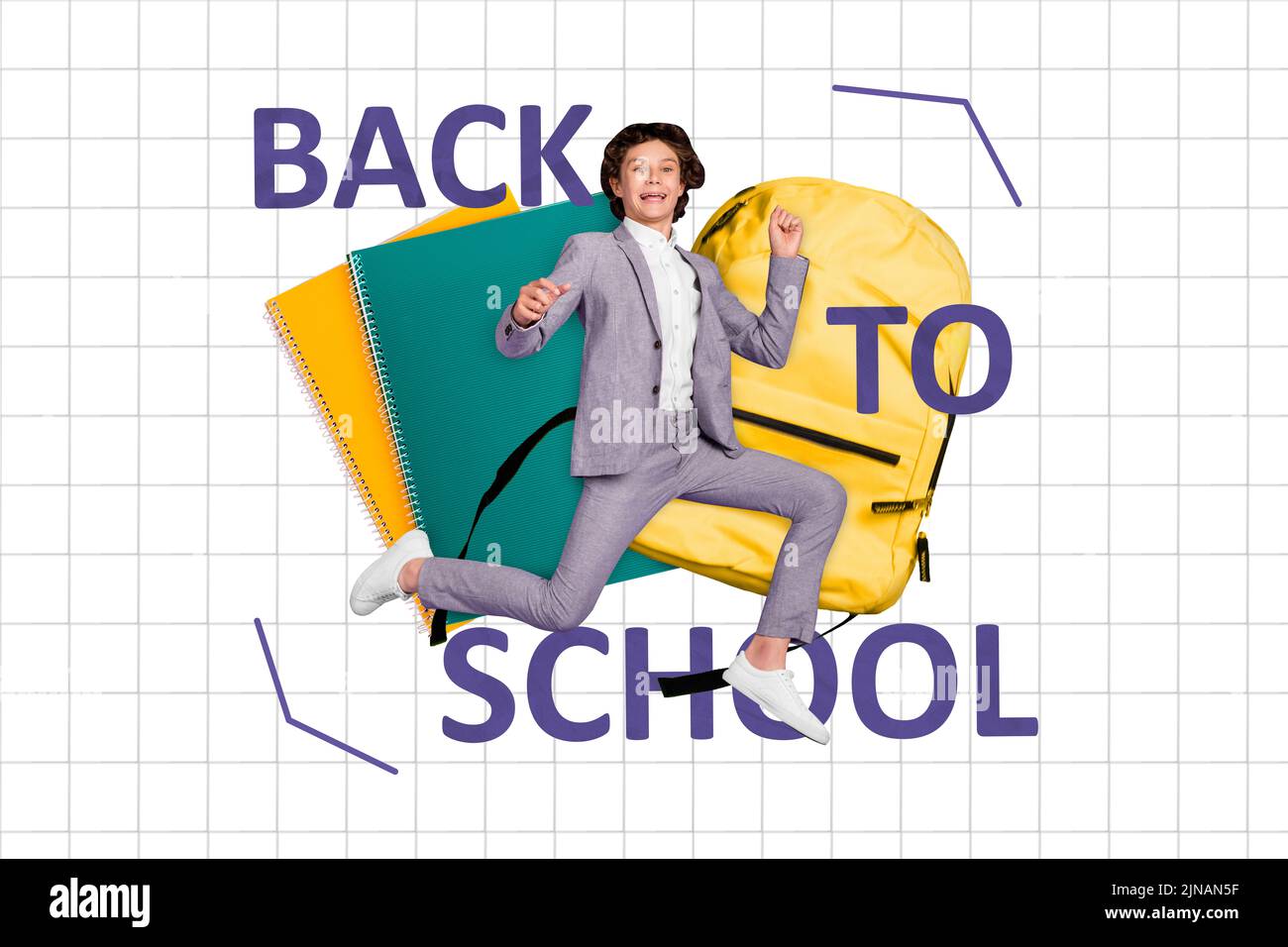 Composite collage of excited funny small boy jump huge backpack notepad ...