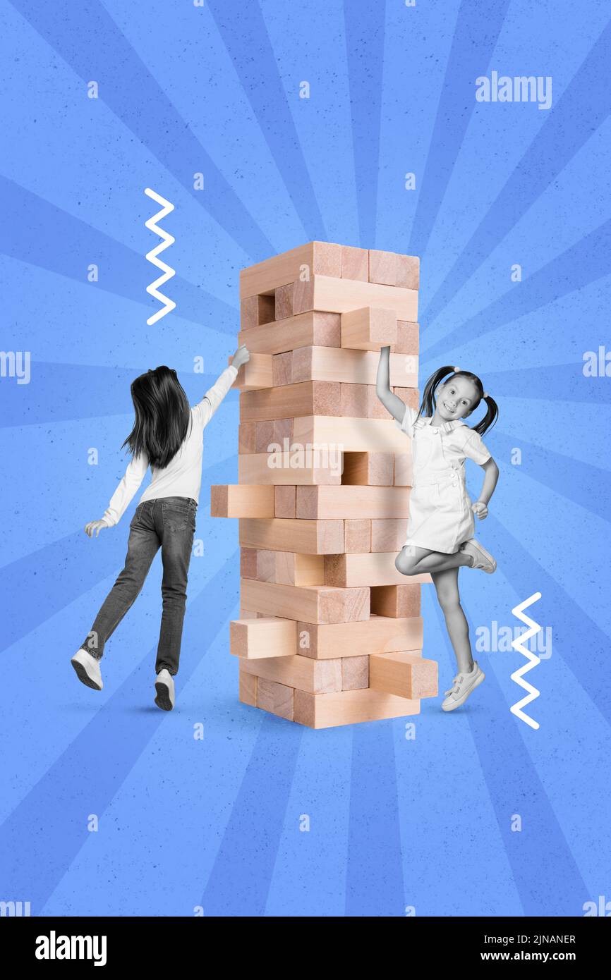 Vertical collage image of two small girls black white gamma playing ...