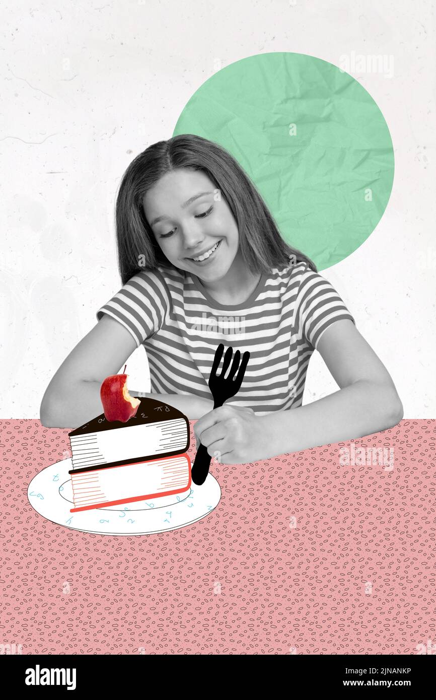 Vertical banner collage of small girl eat book wear casual cloth ...